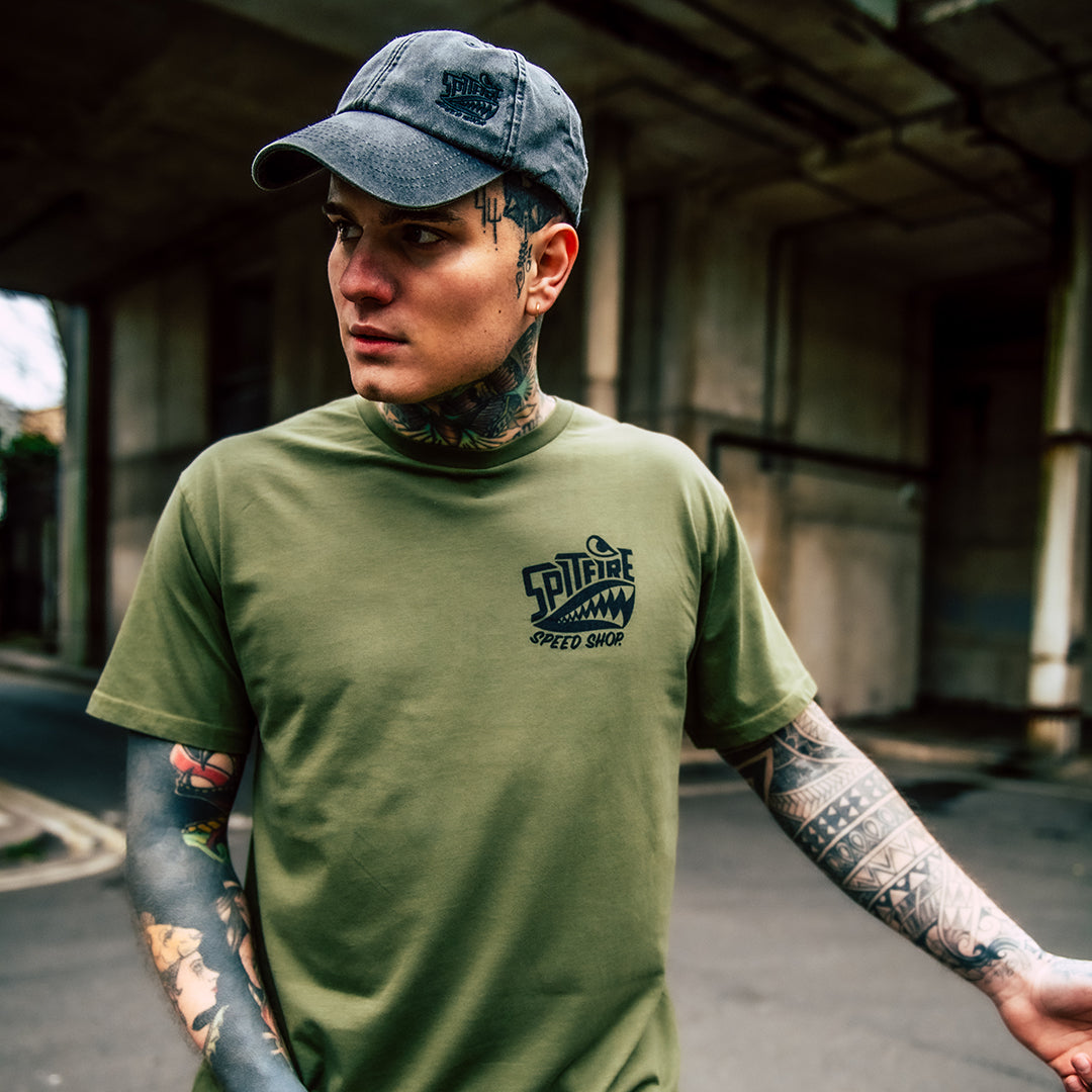 Spitfire Khaki Green T-Shirt With Spitfire Front Logo – Spitfire Speed Shop