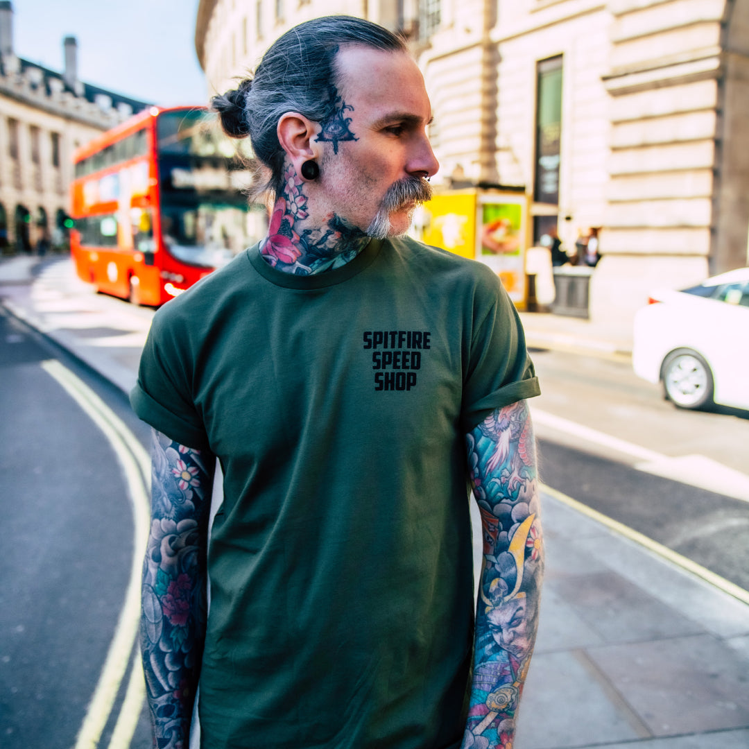 Spitfire Khaki Green T-Shirt With Black Logo – Spitfire Speed Shop